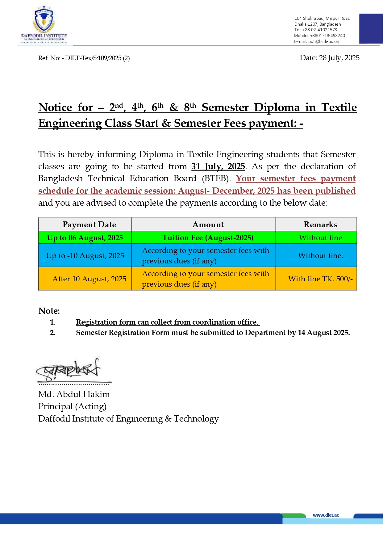 Diploma in Textile Class Start and Semster Fee Notice - Daffodil ...